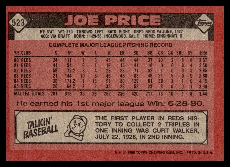 1986 Topps #523 Joe Price Cincinnati Reds Baseball Card | eBay