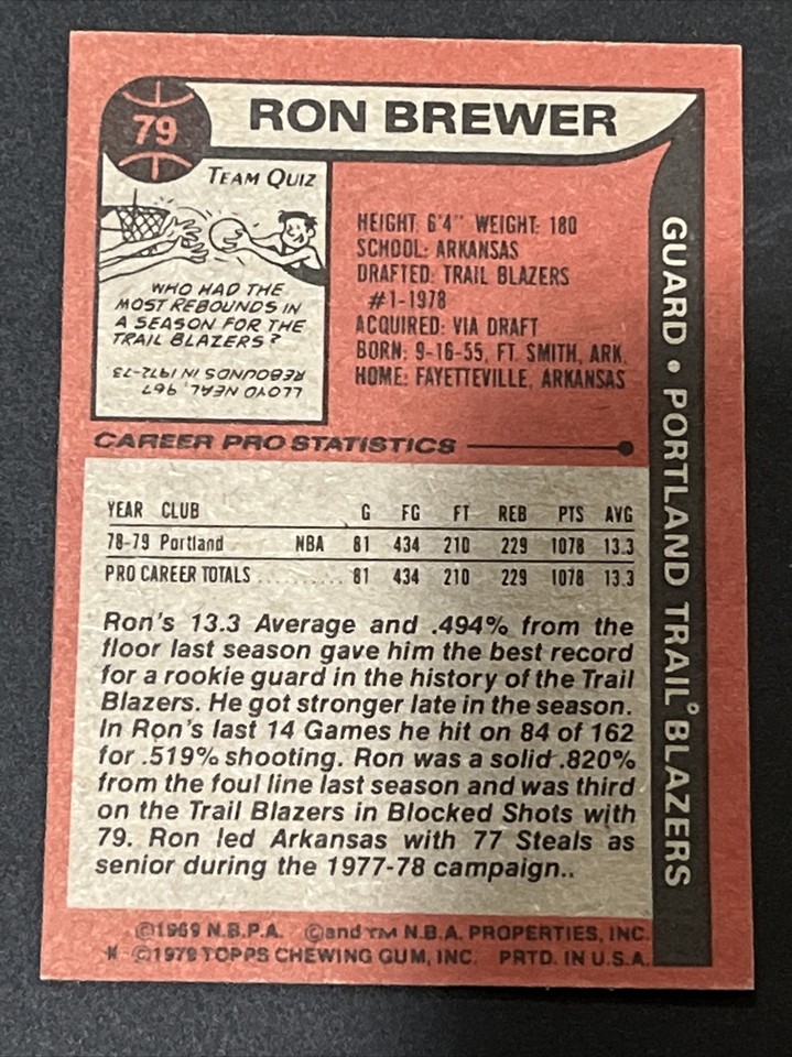 RON BREWER ROOKIE 1979-80 TOPPS #79 TRAILBLAZERS NBA BASKETBALL SET ...