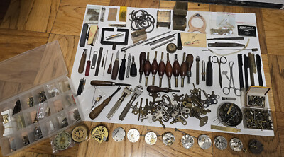 Only Lot of Clockmaker's Clock Repair tools, parts, supplies, & some ...