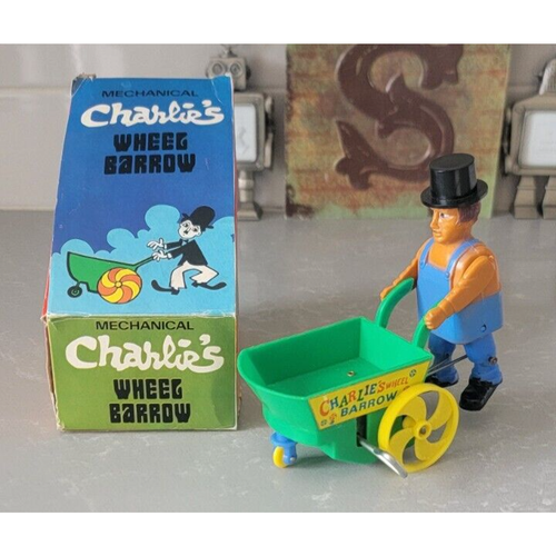 Vintage CHARLIE CHAPLIN wind-up WHEEL BARROW TOY Mint Old Store Stock ...