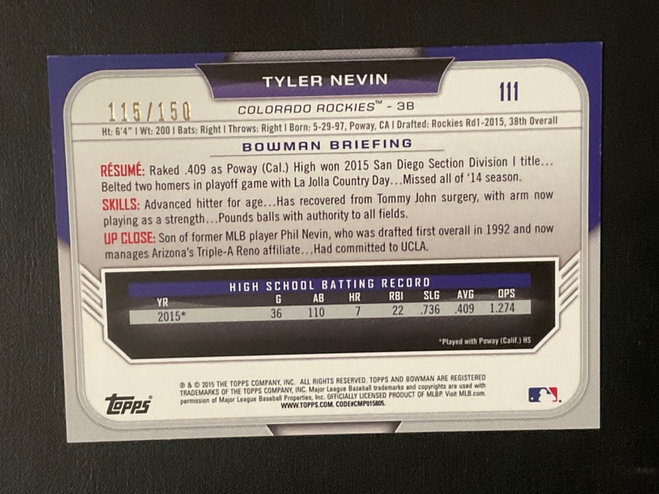 Tyler Nevin Signed Card 2015 Bowman Blue Border In Person Autograph (IP ...