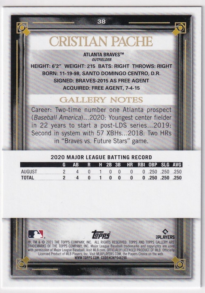 2021 Topps Gallery Christian Pache SP Printer Proof RC Atlanta Braves ...
