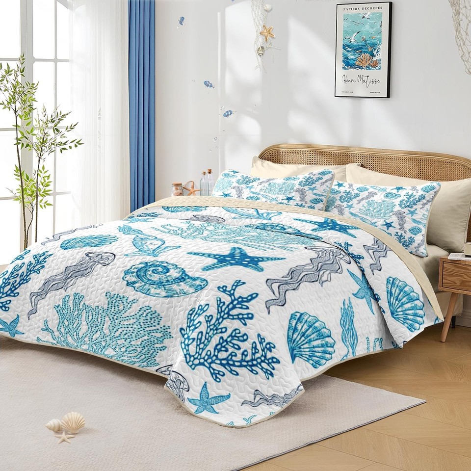 Quilt Set Full/Queen Size, Ocean Beach Nature 3 Pcs Soft Bed Cover ...