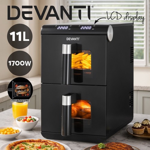 Devanti Air Fryer 11L LCD Fryers Kitchen Oven Dual Zone Healthy Cooker ...