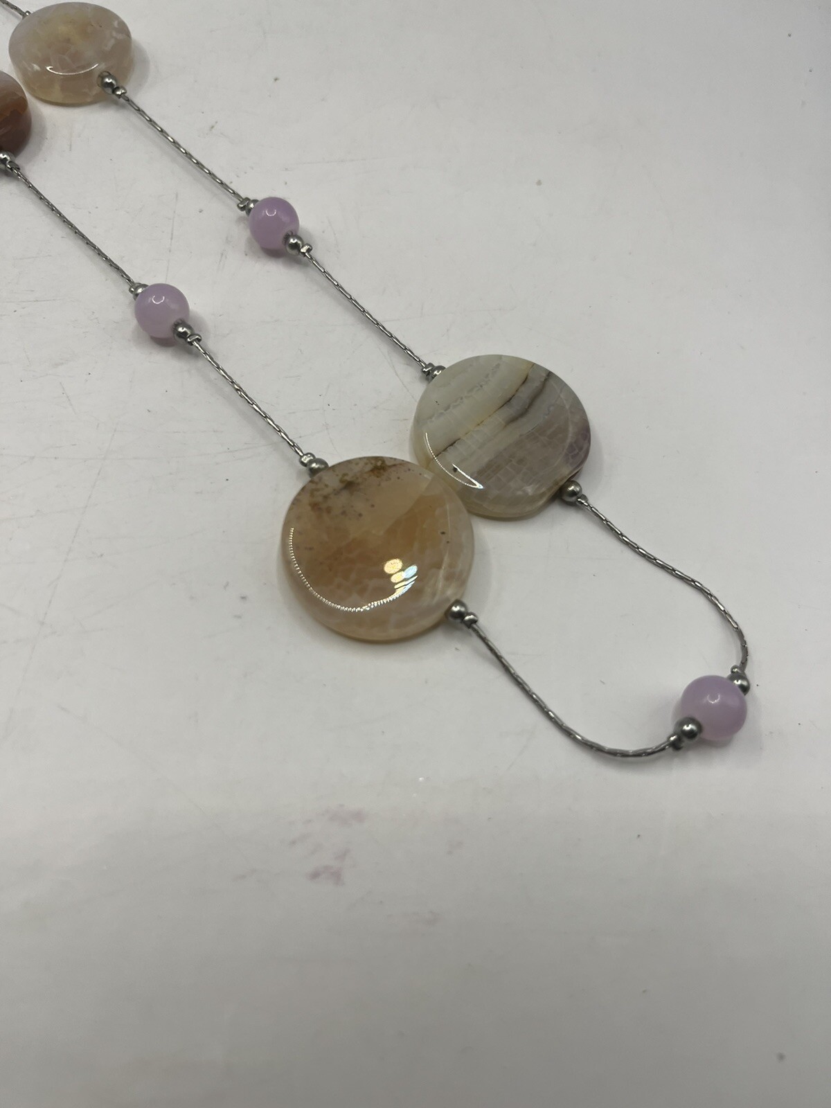 Silver beaded Necklace White Pink Clear Stone Discs Beads and Glass ...