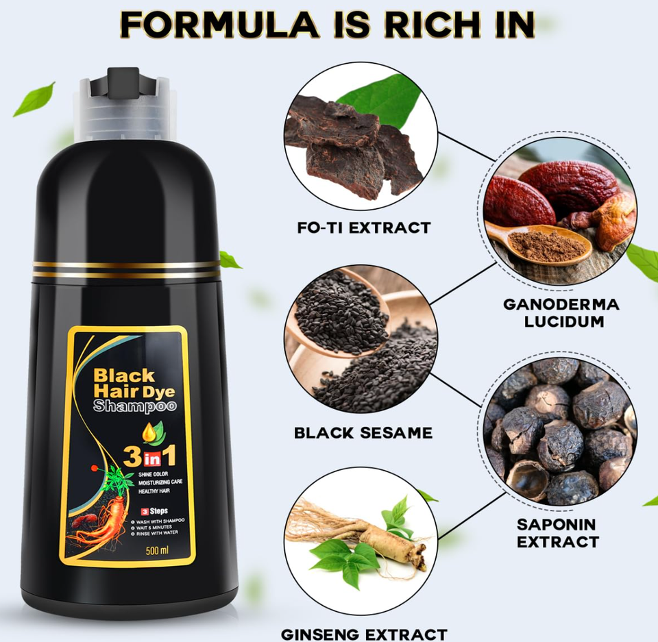 500ml Black Hair Dye Shampoo Instant Color Dye Plant Essences Smooth ...