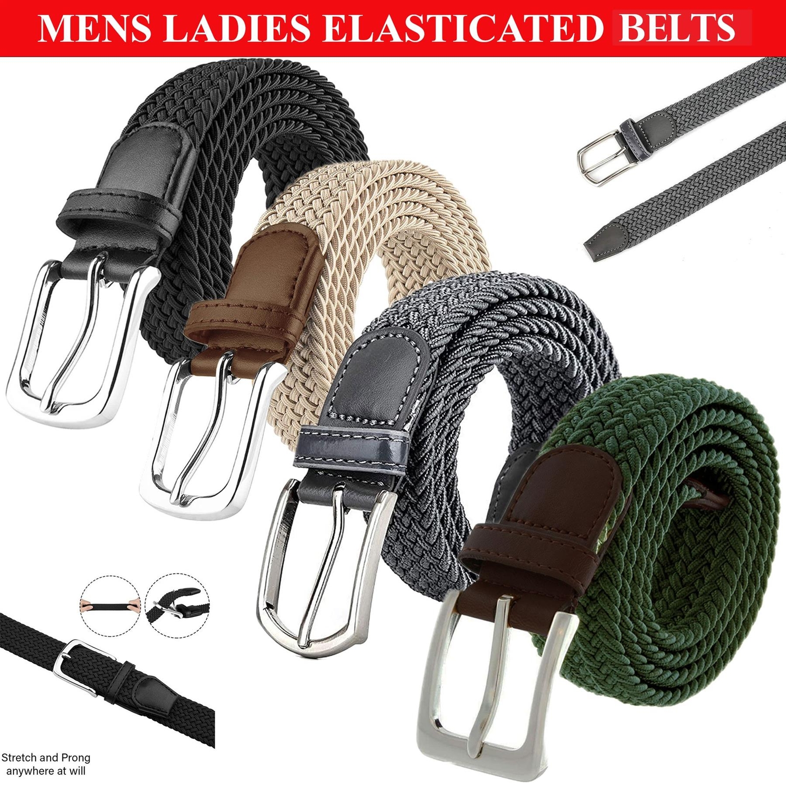 Enzo Elasticated Belts Mens Womens Stretch Woven Braided Regular Casual ...
