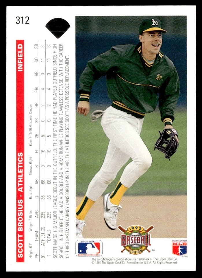 1992 Upper Deck Scott Brosius Rookie Oakland Athletics #312 | eBay
