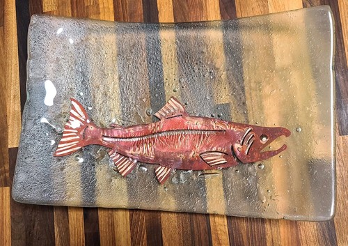 Jones Glassworks Seattle Fused Glass With Copper Sockeye Salmon Curved ...