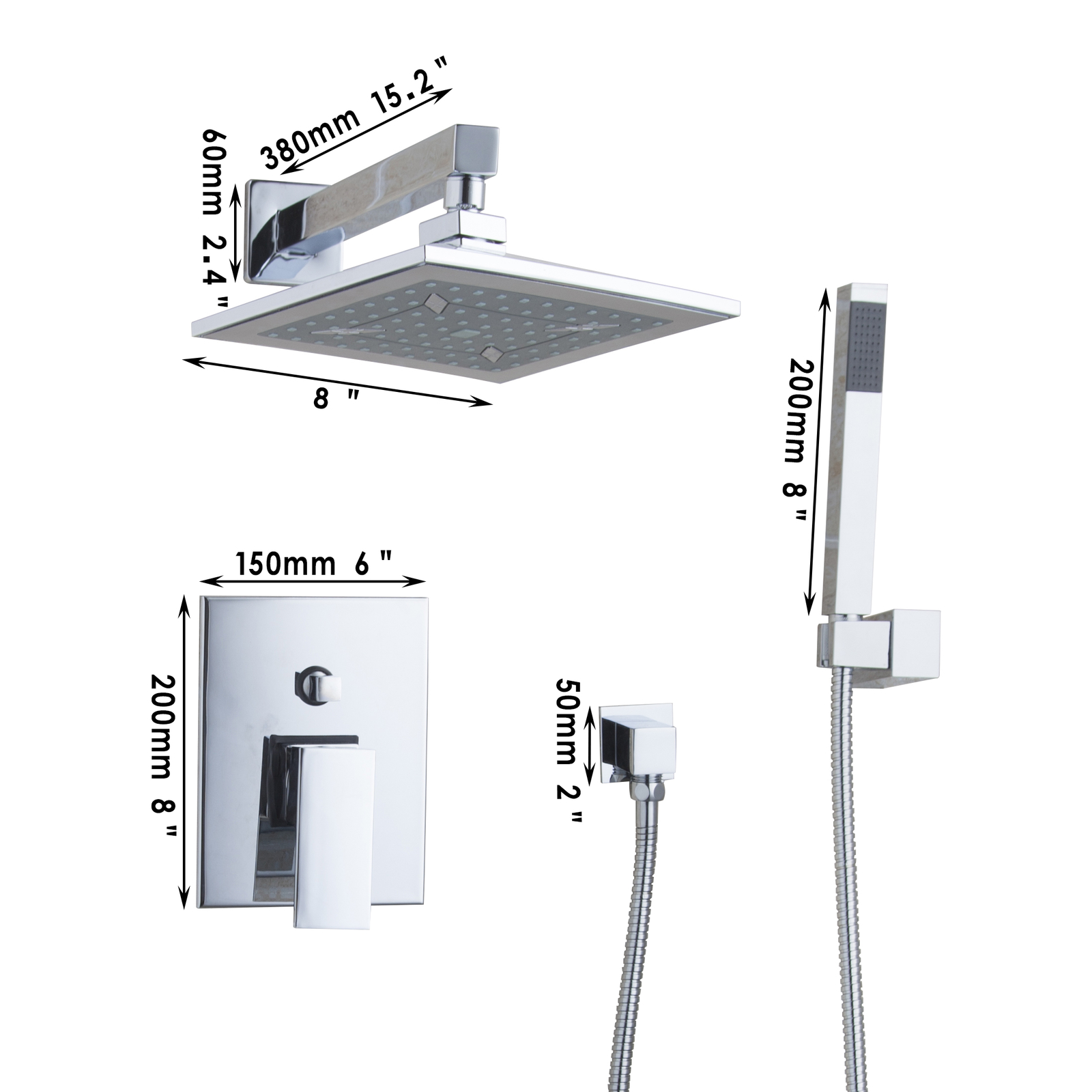 Chrome Mixer Valve Square Rainfall Shower Head with Handheld Shower Set ...