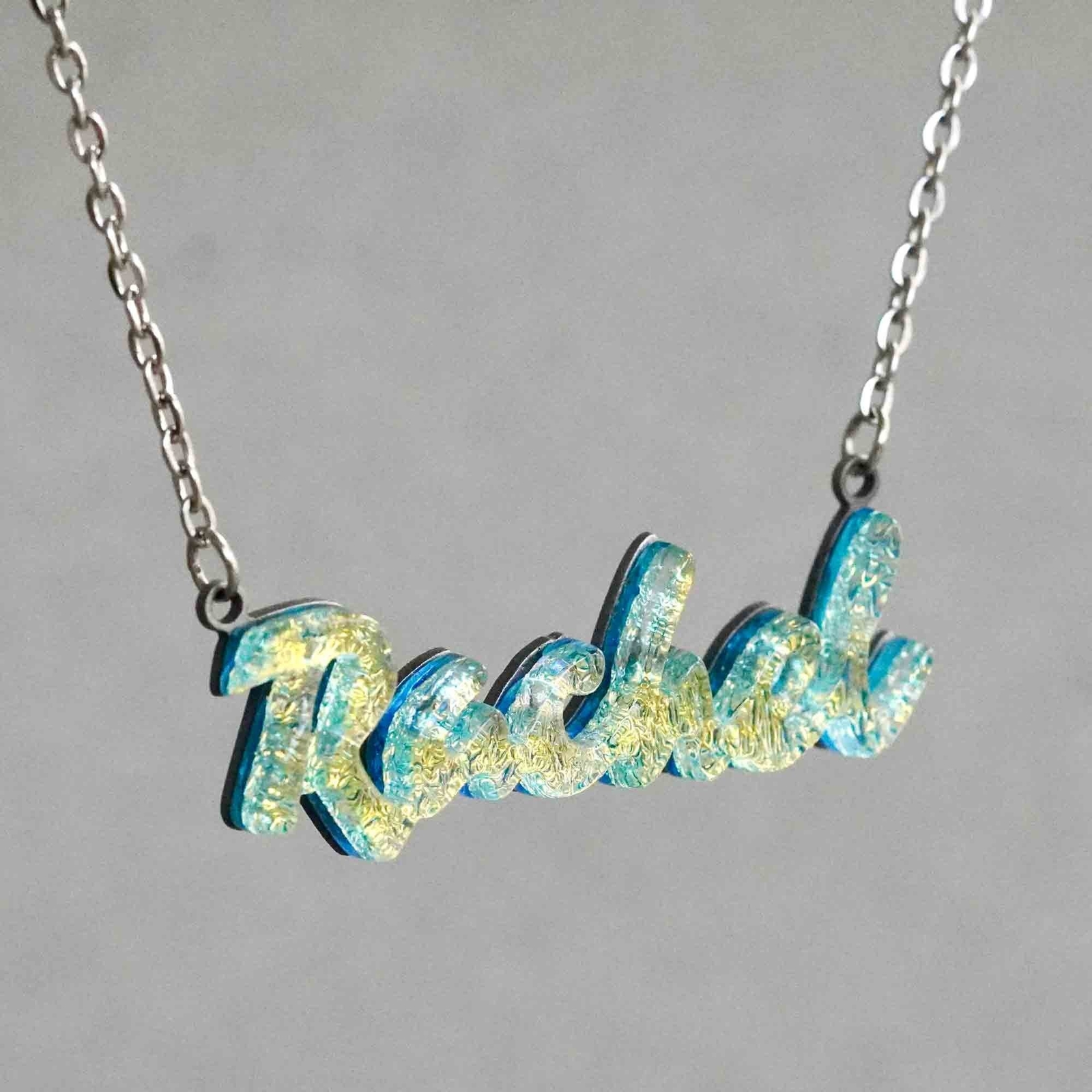 Rachel Name Necklace Personalized Jewelry Chartreuse Color Dichroic ...