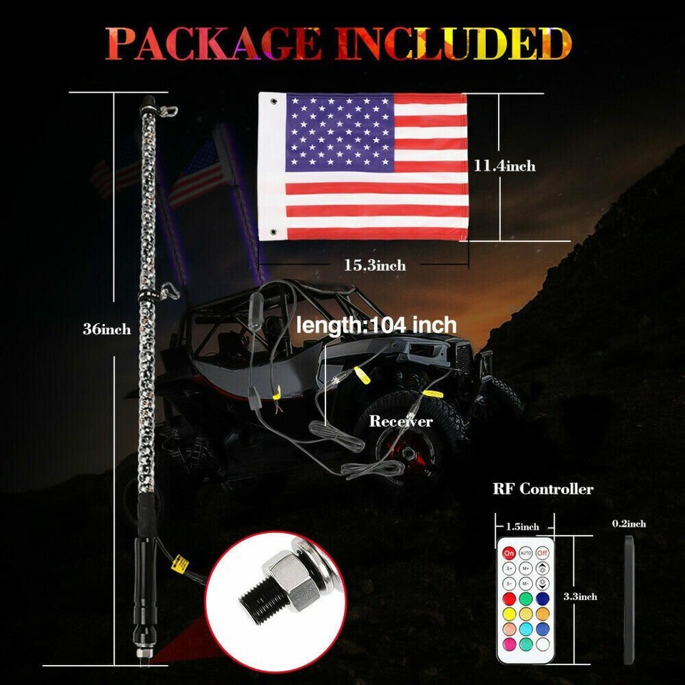 3ft RGB Spiral LED Whip Lights Antenna + Mount Brackets Flag&Remote for ...