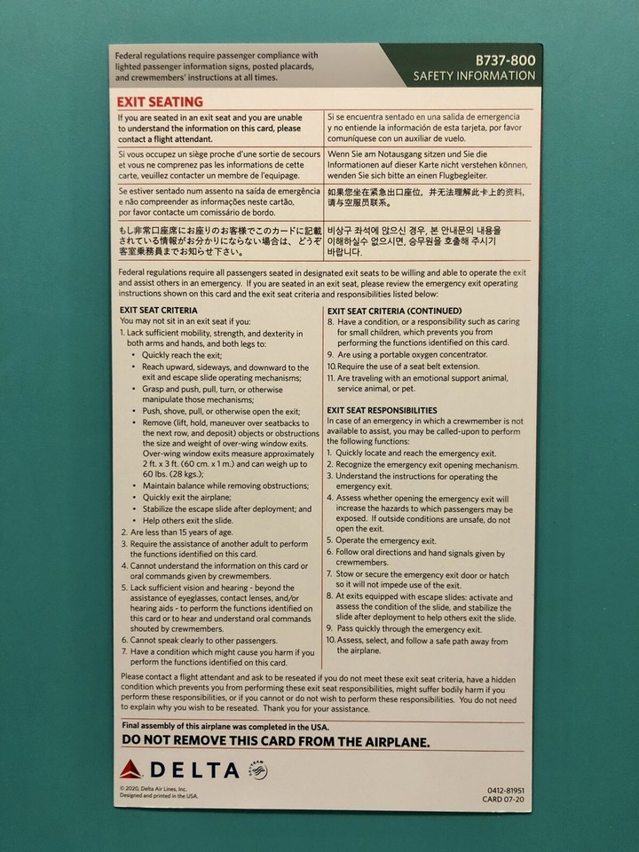 DELTA AIRLINES SAFETY CARD--737-800 | eBay