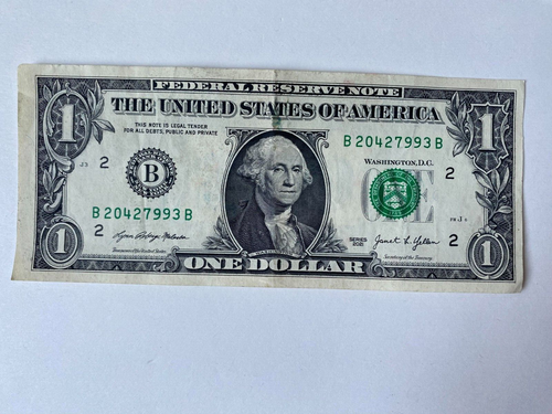 One dollar bill serial number B 20427993 B $1 Note US Real money 2021 ...