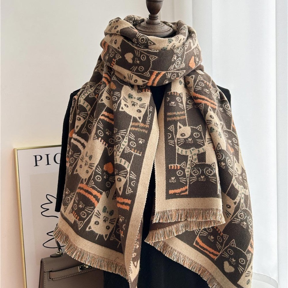 Faux Cashmere Warm Shawl Cartoon Cat Lady Fringed Shawl Outdoor Use ...