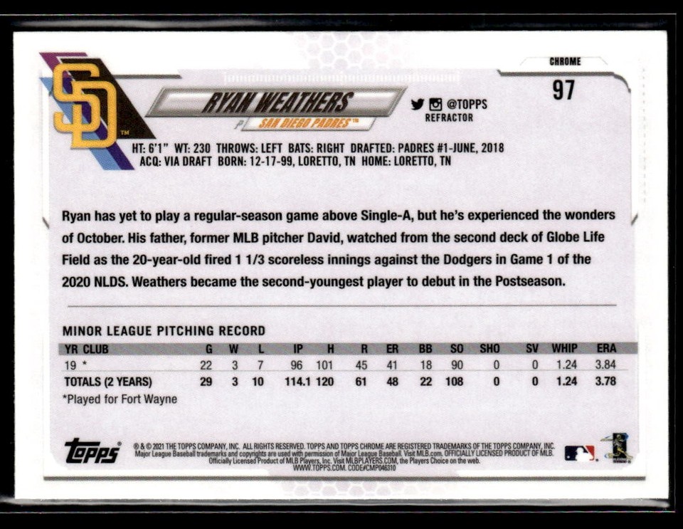 2021 Topps Chrome #97 Ryan Weathers Sepia Refractor Baseball Card 0603O ...