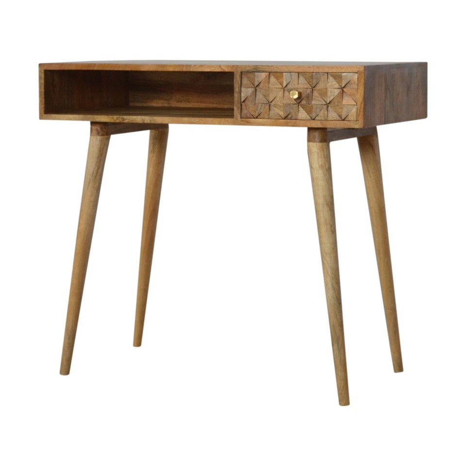 Diamond Carved Writing Desk Solid Mango Wood Chestnut with Drawer Open ...