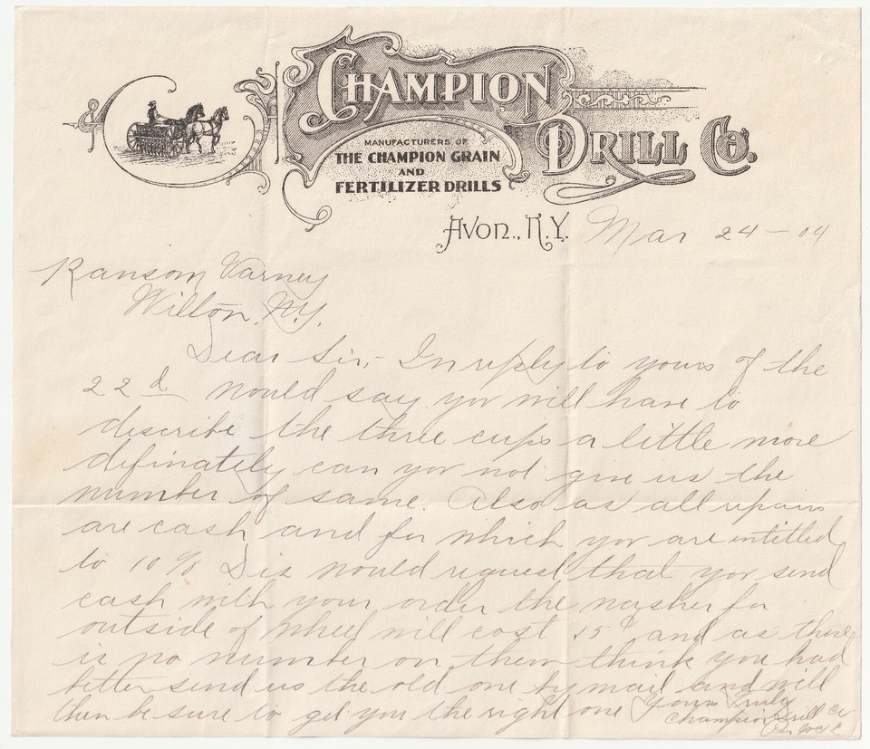 1900s 1904 Champion Drill Co Avon New York Antique Victorian Letterhead ...