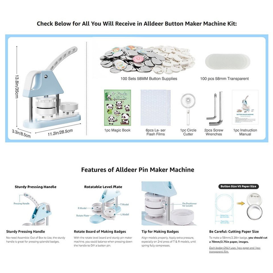 2.28in/58mm Pin Button Maker Machine Badges Press Machine DIY Kit 100pc ...