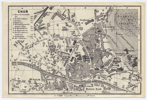 1909 ORIGINAL ANTIQUE CITY MAP OF CHUR / COIRE / GRAUBUENDEN ...