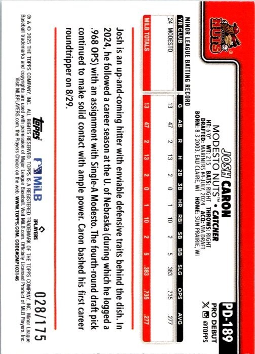 2025 Topps Pro Debut #PD-189 Josh Caron /175 Sparkle Holo Foil RC Card ...