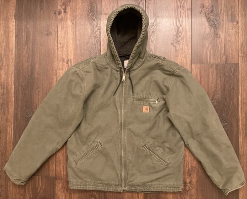 Carhartt J141 Army Green Canvas Hoodie Jacket Insulated Large Excellent ...
