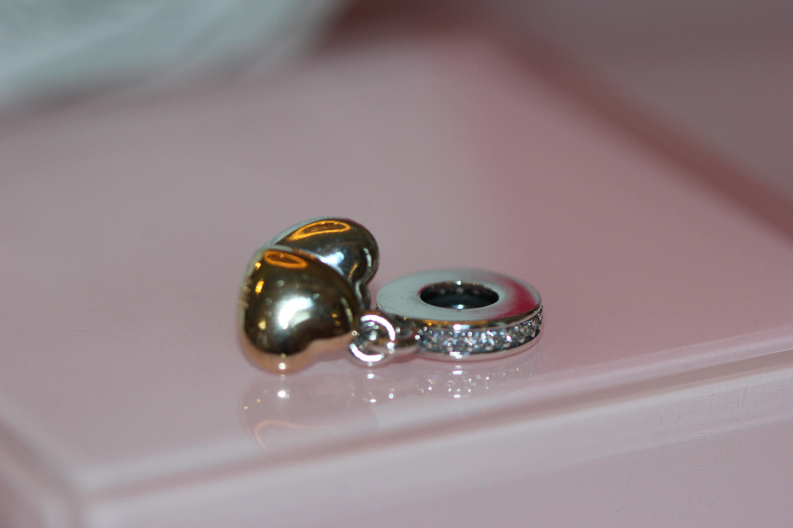 NIB 2020 PANDORA TWO TONE DOUBLE HEART 14K GOLD DANGLE charm 799162c01 ...