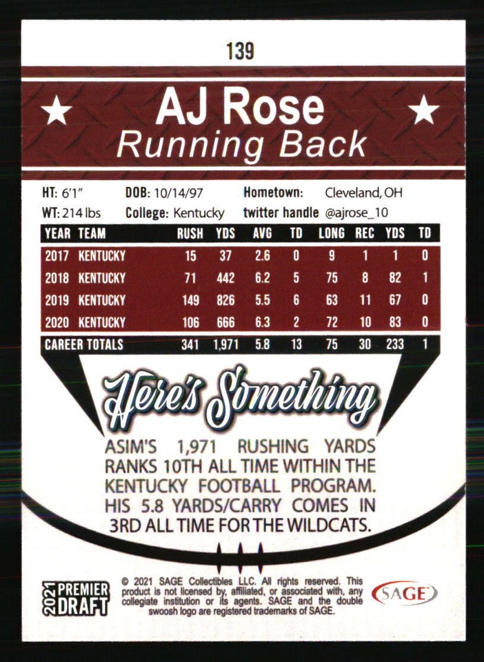 AJ Rose 2021 SAGE Premier Draft #139 FOOTBALL Card | eBay