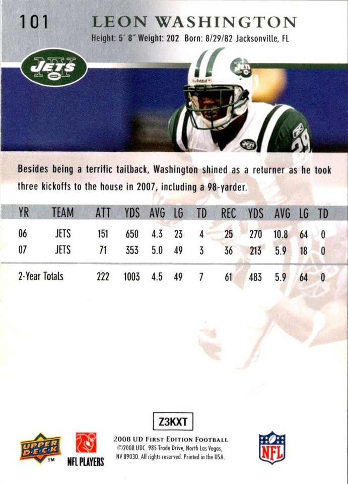 2008 Upper Deck First Edition Leon Washington #101 New York Jets ...
