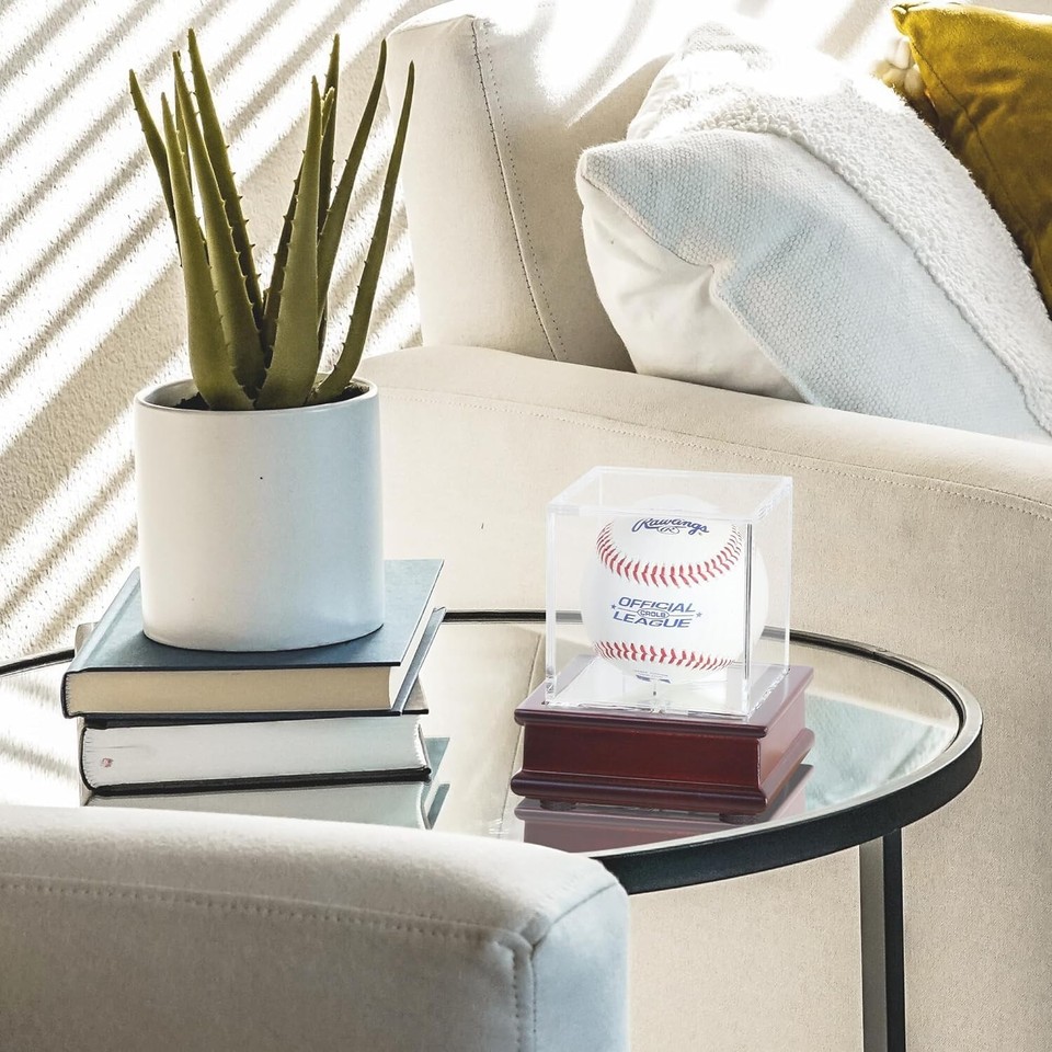 Baseball Holder Display Case Cube, Cherry Finish Wood Stand UV ...