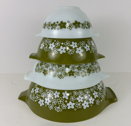 Pyrex Spring Blossom Green White Daisy Cinderella Mixing Bowls Nesting ...