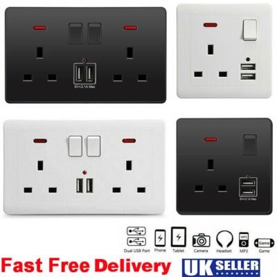 Double Wall Plug Socket 2 Gang 13A w/ 2 Charger USB Ports Outlets Flat ...
