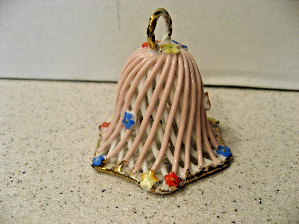 Vtg Pink & White Trellis Bell with Flowers Porcelain Christmas Ornament ...