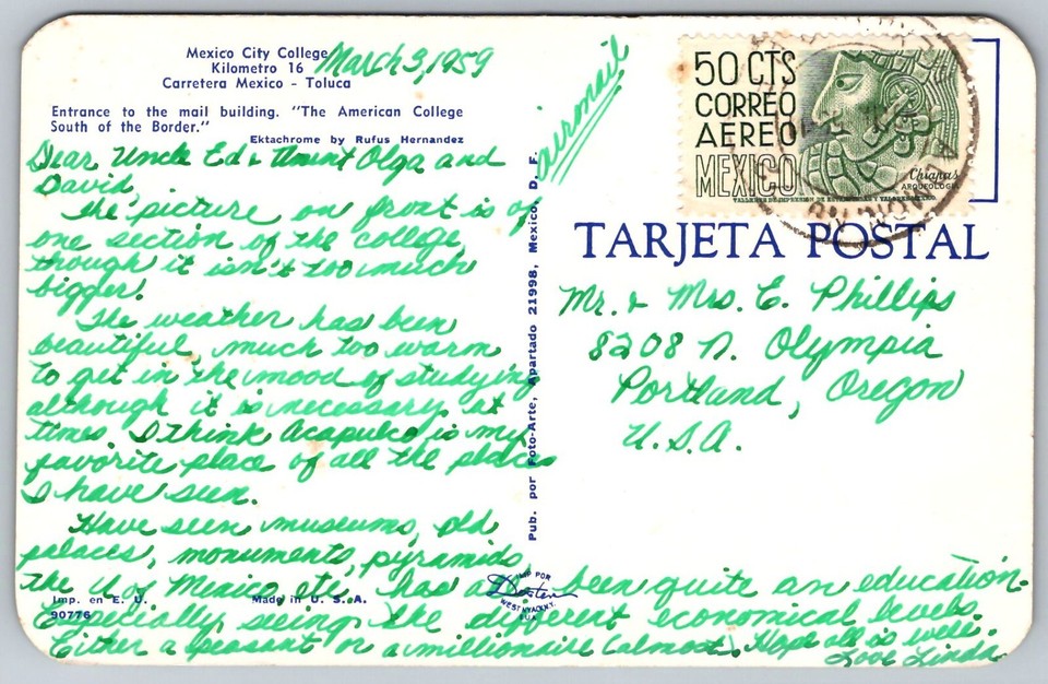 Vintage Postcard - Mexico City College ( MCC ) - Mexico City - Mexico ...