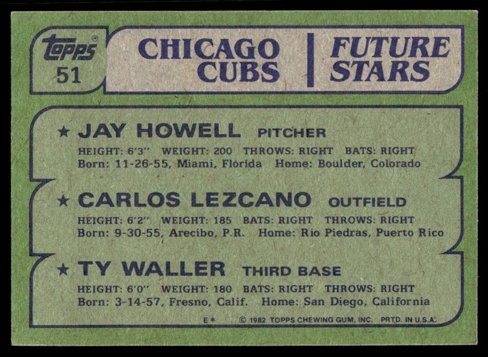1982 Topps #51 Cubs Future Stars - Jay Howell/Carlos Lezcano/Ty Waller ...