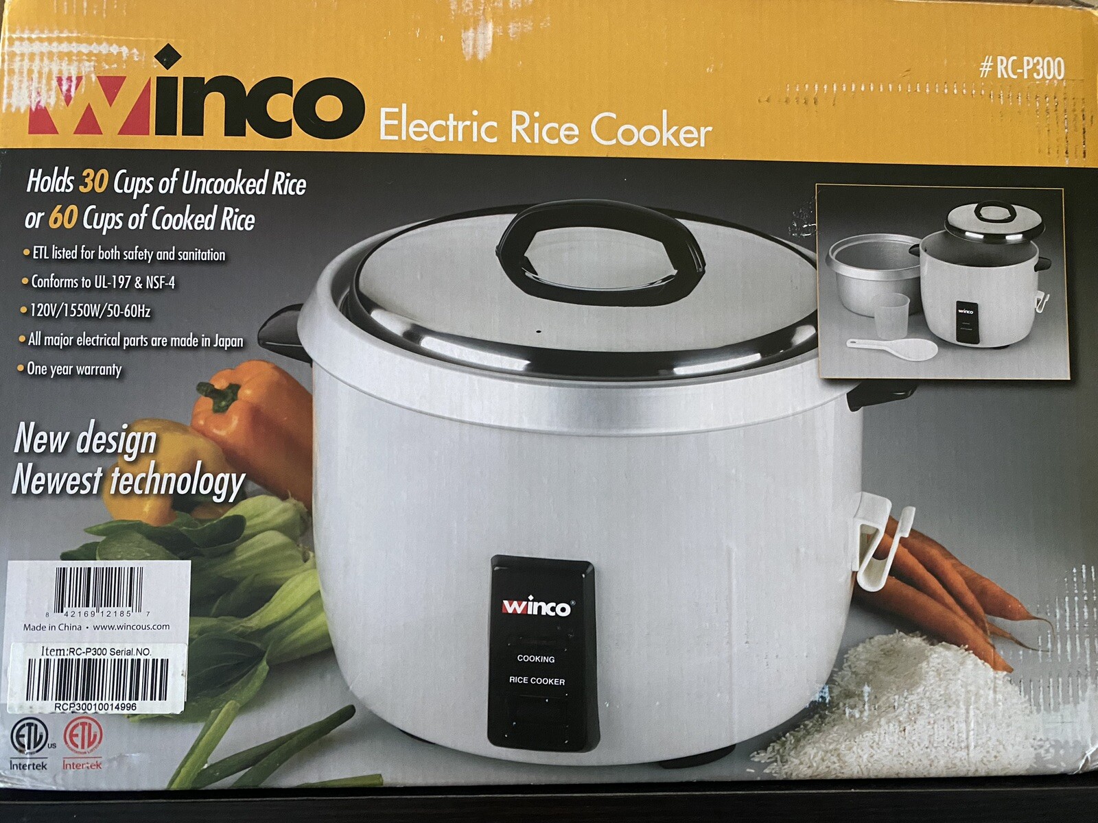 Winco Commercial Electric Rice Cooker, 30 Cup Dry 60 Cups Cooked NEW ...