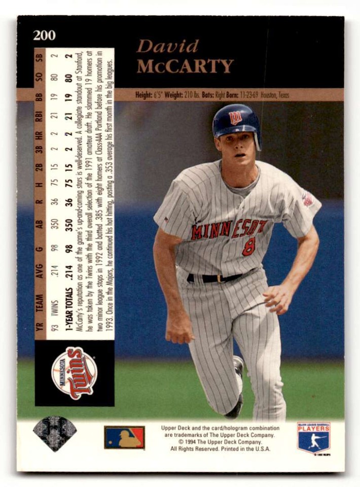 1994 Upper Deck #200 David McCarty Minnesota Twins Baseball Cards EX ID ...