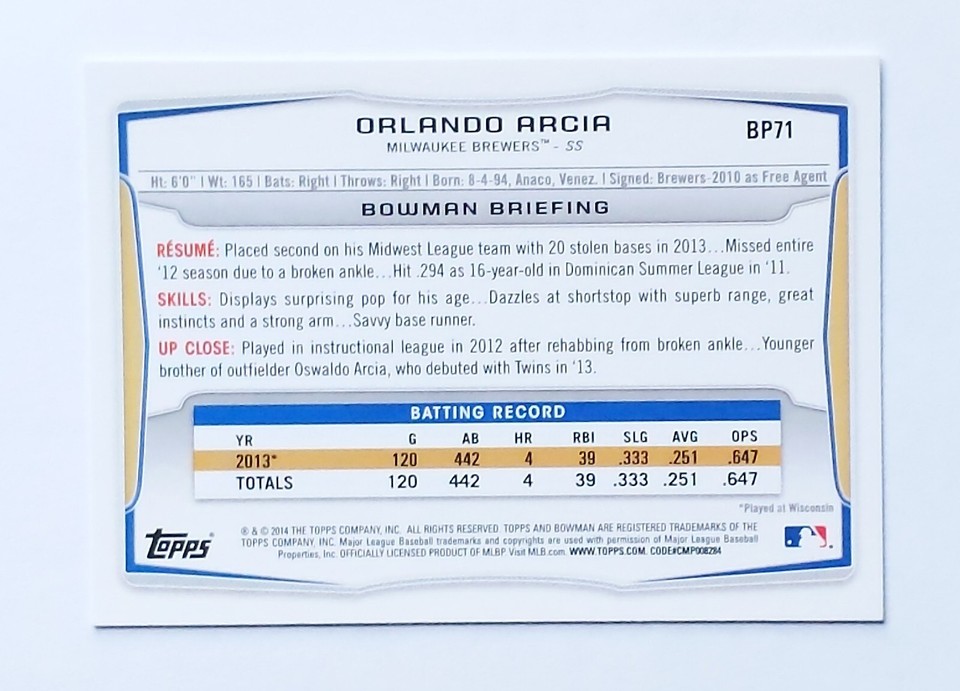 2014 Bowman 1st Orlando Arcia #BP71 Brewers Rookie Prospect, Braves | eBay