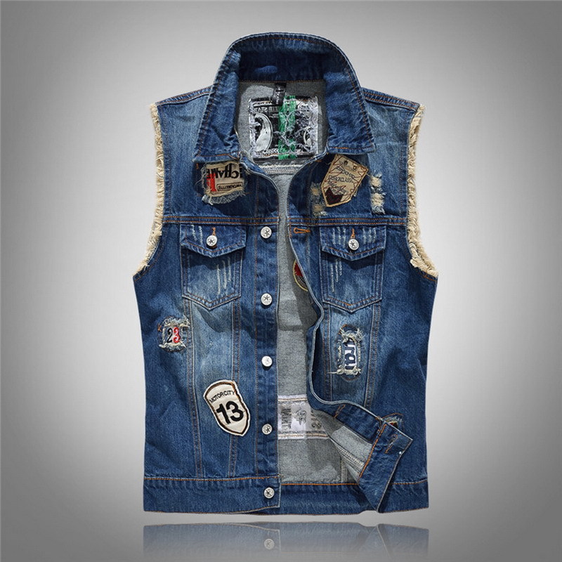 Men Patch Denim Vest Jean Jacket Waistcoat Sleeveless Vintage Punk ...