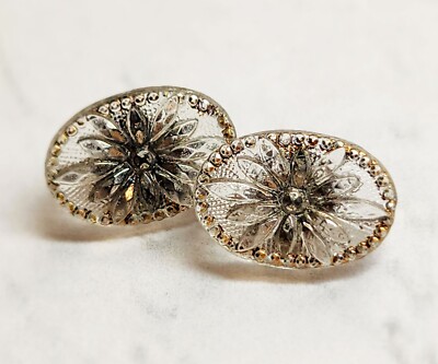 2 Small Antique Oval Lacy Glass Flower Buttons w/ Gold Luster ~ Pattern ...