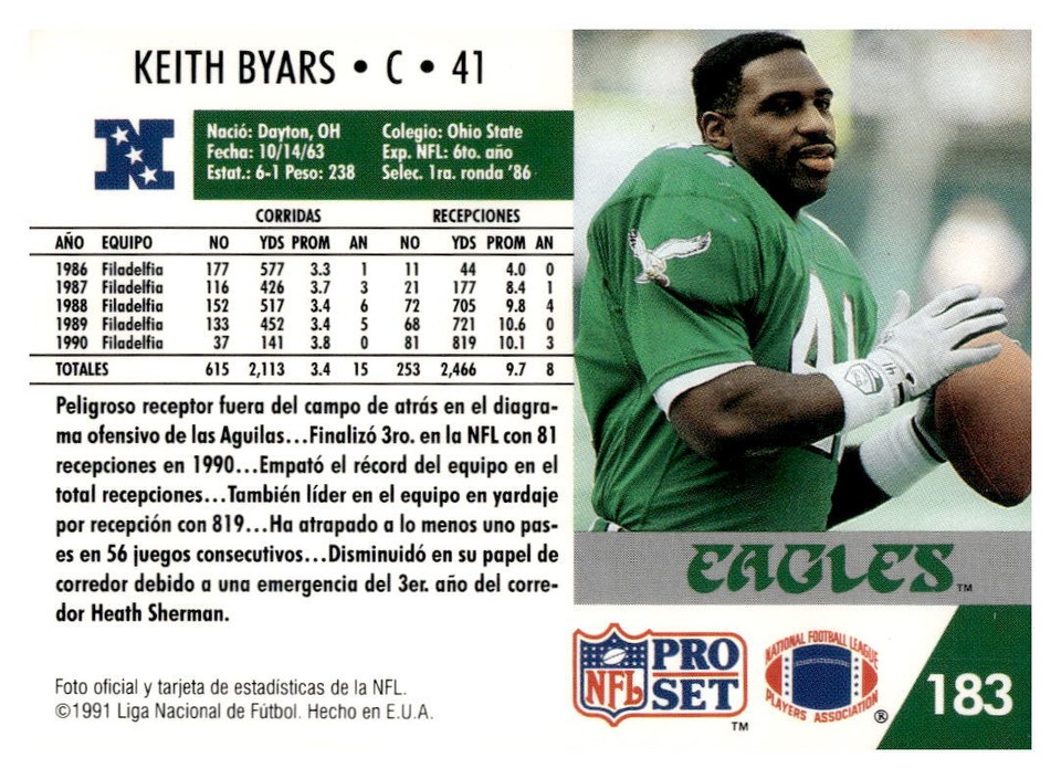 KEITH BYARS 1991 Pro Set Spanish #183 Philadelphia Eagles | eBay