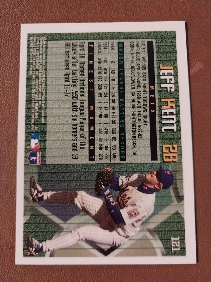 1995 JEFF KENT TOPPS FINEST BASEBALL CARD #121 NY METS SF GIANTS BLUE ...