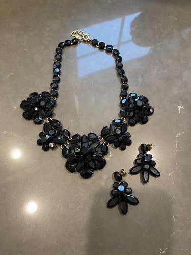 J CREW FLORAL BLACK ENAMEL STONE STATEMENT FLOWER COLLAR NECKLACE WITH ...