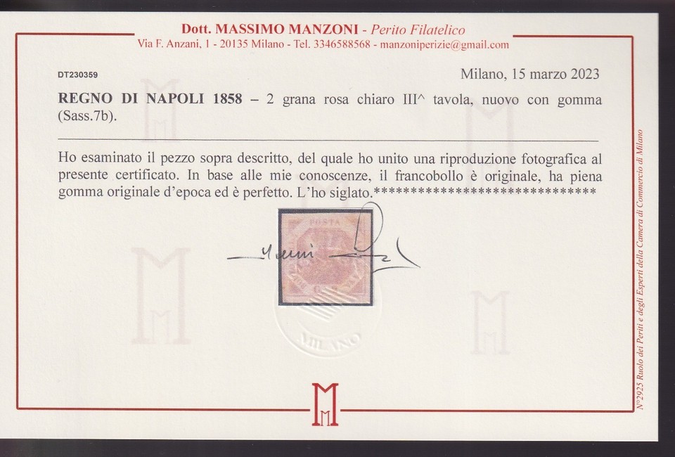 1858 Naples: Stemma Delle Due Sicilie 2gr. Rosa Light ( N° 7b) Spl (427 ...
