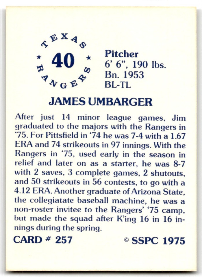1976 SSPC JIM UMBARGER TEXAS RANGERS #257 | eBay