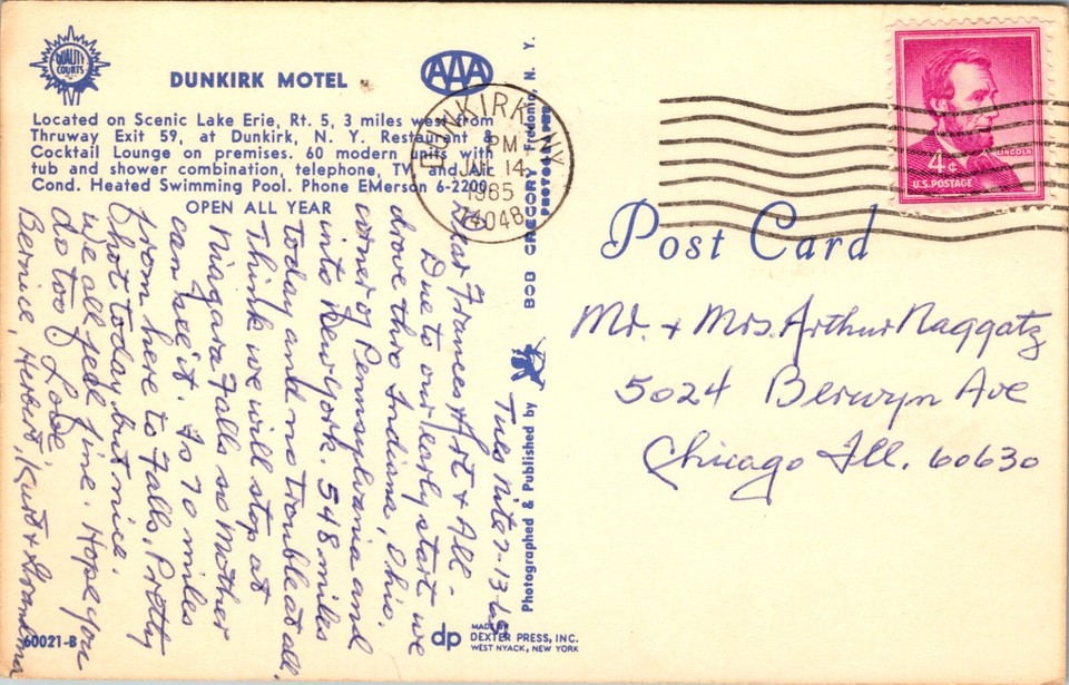 Postcard New York Dunkirk Motel Quality Courts AAA Swimming Pool Pmrk 7 ...