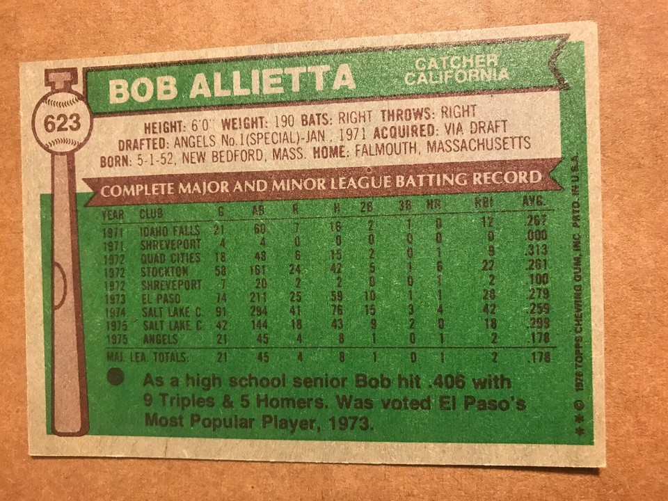 1976 Topps Card #623, Bob Allietta, NM-MT, (BIGJ’S), California Angels ...