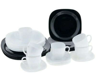 Luminarc CARINE DINNER SET 30pc 6 Persons Black & White Tempered Glass ...