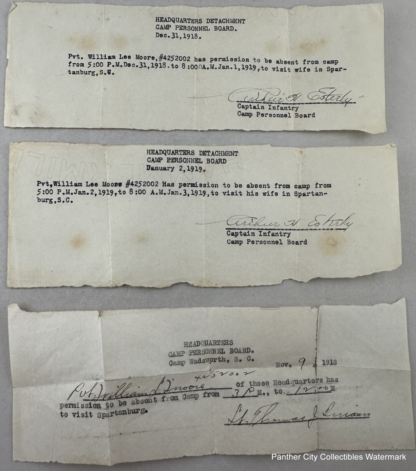 Lot of (3) World War I Era Absentee Slips Camp Wadsworth - Spartanburg ...