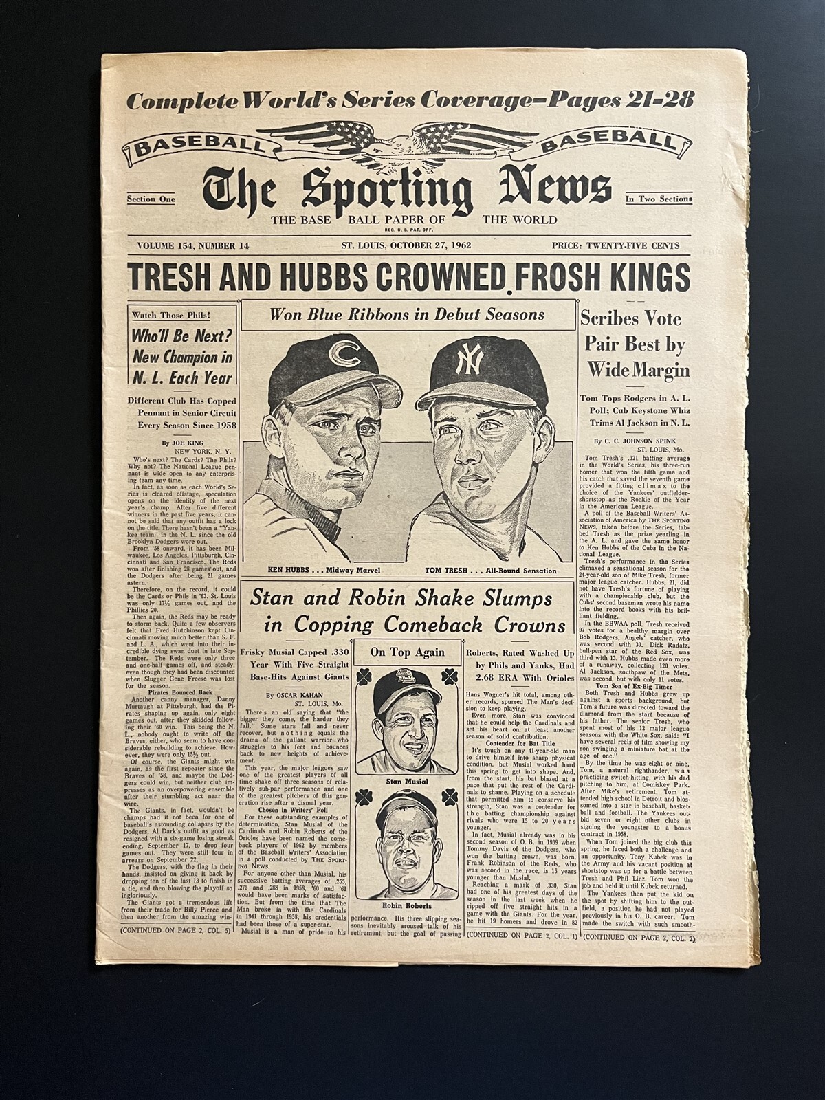 1962 Sporting News NEW YORK Yankees TOMMY TRESH Chicago Cubs KEN HUBBS ...